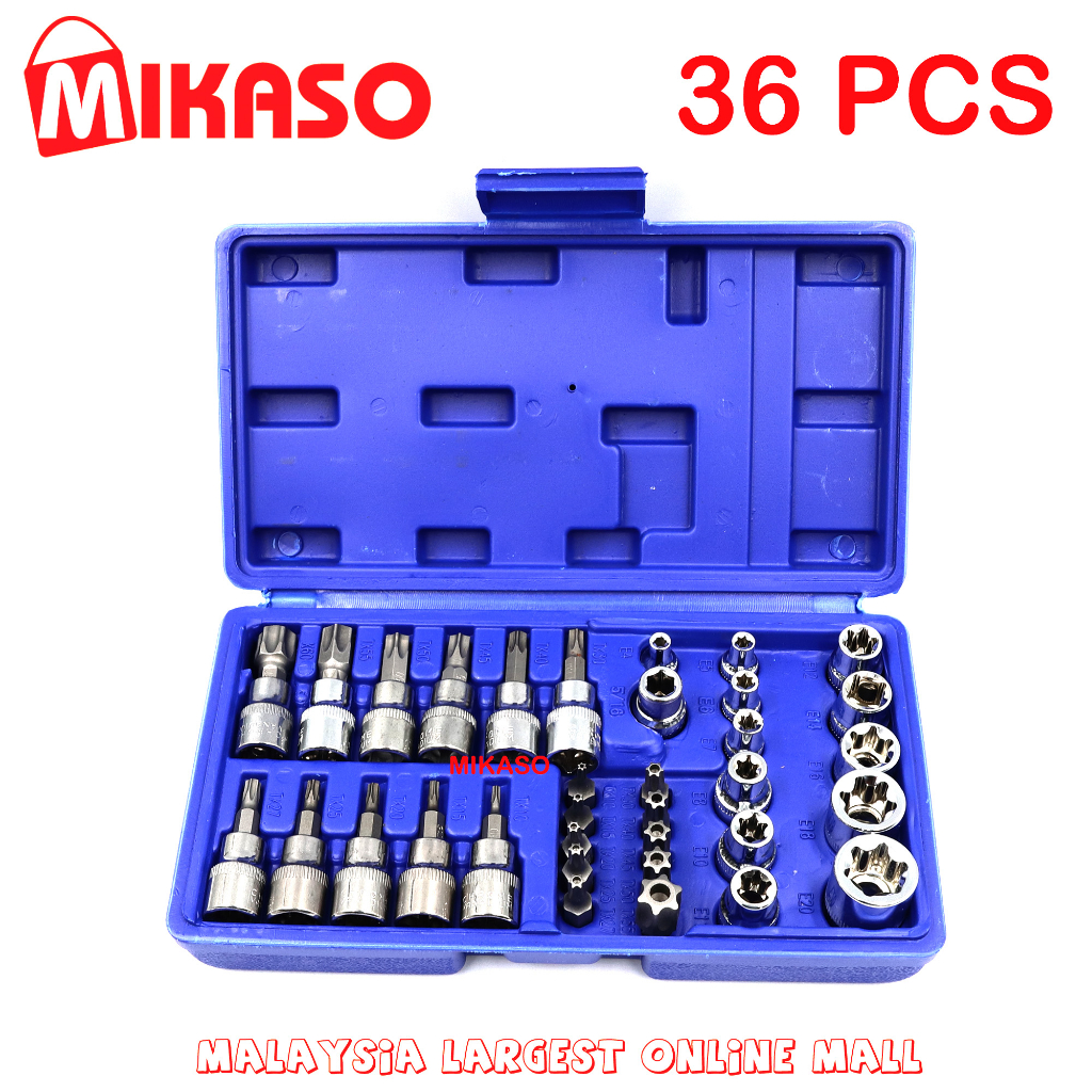 MIKASO 34 Pcs E Torx Bit Drive Set 1/4”,3/8” E4-E24 E Torx Star Female ...