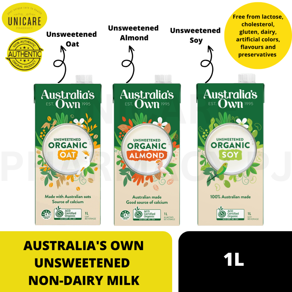 AUSTRALIA'S OWN UNSWEETENED ORGANIC (OAT/ALMOND/SOY) MILK 1L. Free from ...