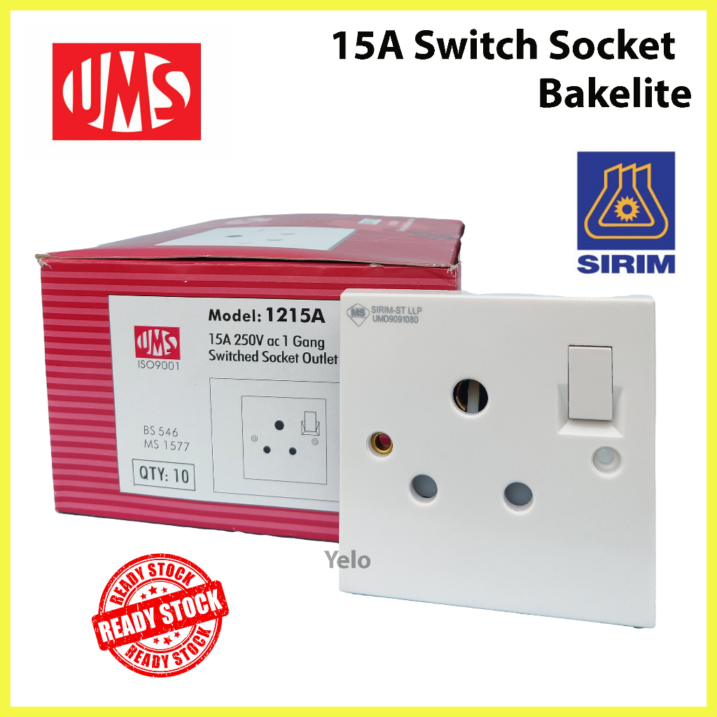 UMS 15A Switch Socket 250V AC 1 Gang Switched Socket Outlet Heavy Duty ...