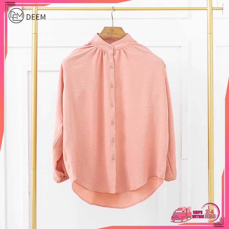 DEEM Shirt Kemeja Wanita Solid Color Long Sleeve Plain Loose Muslimah ...