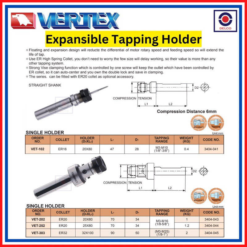 VERTEX TAIWAN Expansible Tapping Holder VET-102 202 252 253 single ...