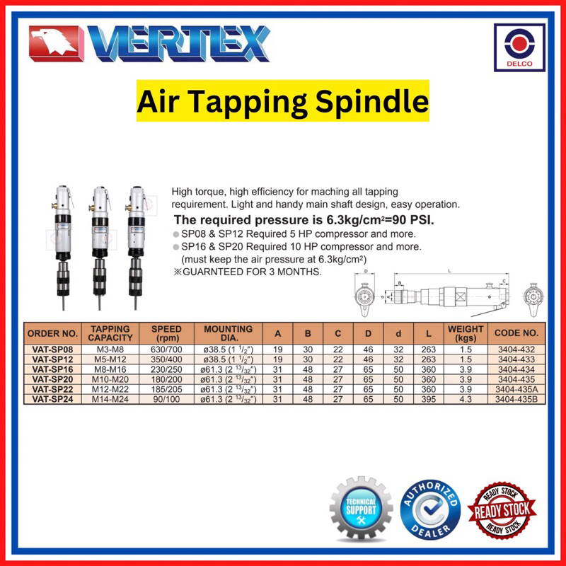 VERTEX TAIWAN AIR TAPPING SPINDLE VAT-sp08 sp12 sp16 | Shopee Malaysia