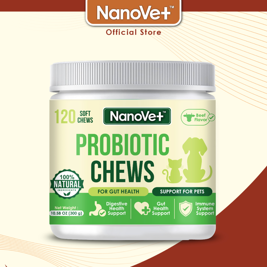Nanovet Pet Probiotic Chews For Cat and Dog Beef Flavor 120 Soft Chews ...