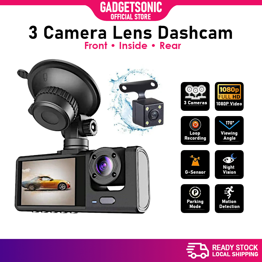 HD 1080P 3 Channels Car Dash Cam Three Cameras Front Rear Inside ...