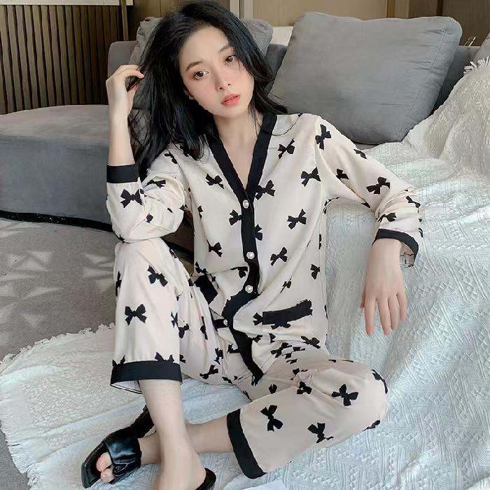 2 in 1 Set Korean Design Pyjamas Women Long Sleeve Silk Sleepwear ...