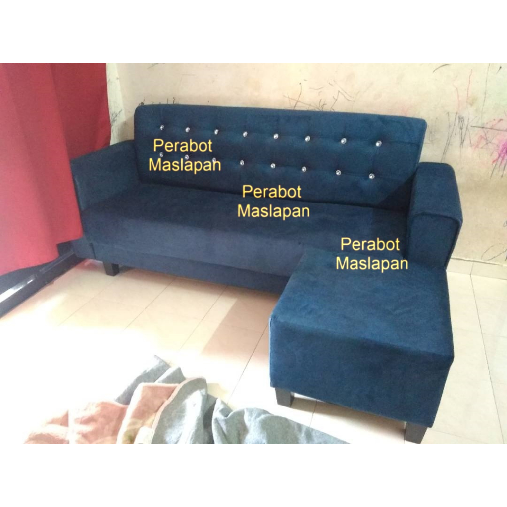 Velvet Blue Sofa 3 Seater L Shape Sofa | Shopee Malaysia