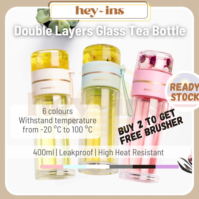 400ml Double Layer Glass Water Bottle Cold Heat Resistant Tea Water ...