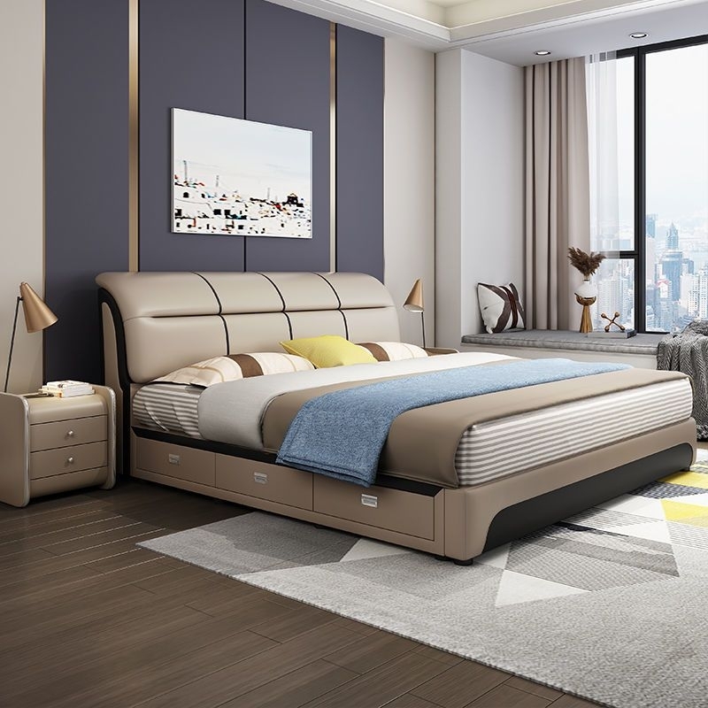 Italian minimalist soft bed modern simple leather bed master bedroom ...