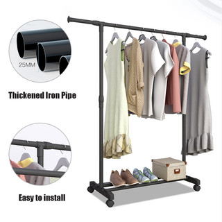 Single/Double Pole Clothes Hanging Rack with Wheels Laundry Organizer ...