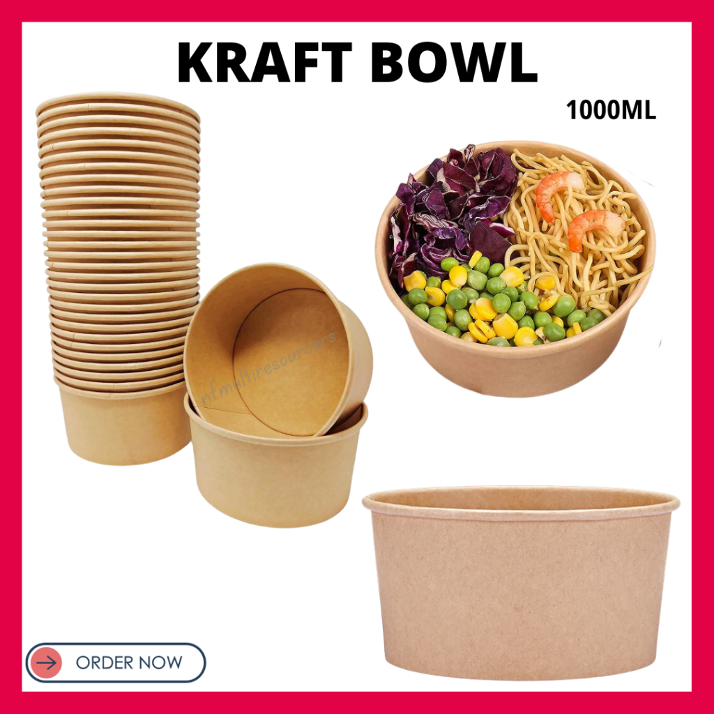 (1000ml) Disposable Kraft Brown Bowl Paper Fruit Salad Food Packaging ...