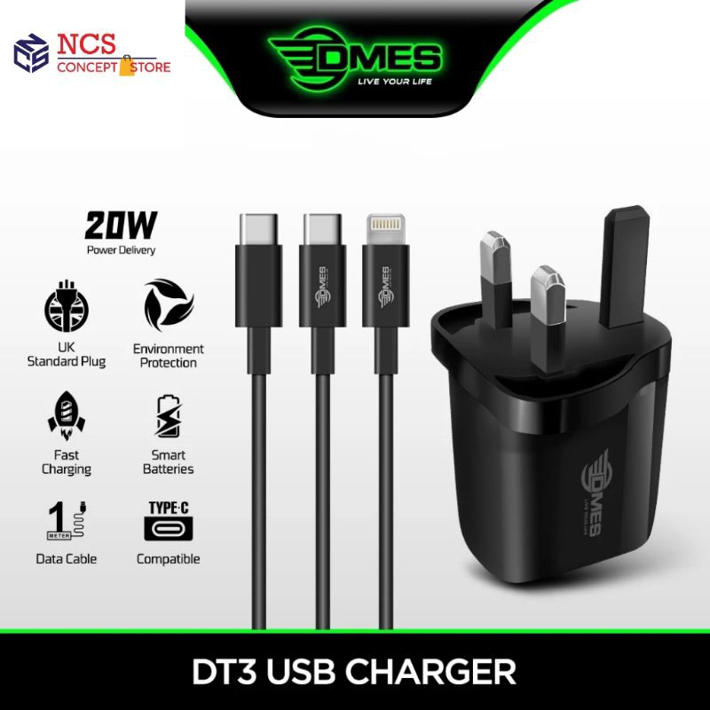 DMES DT3 PD + QC 3.0 20W Dual Port Fast Charging Wall Charger UK 3 Pin Plug Adapter - 1 Year ...