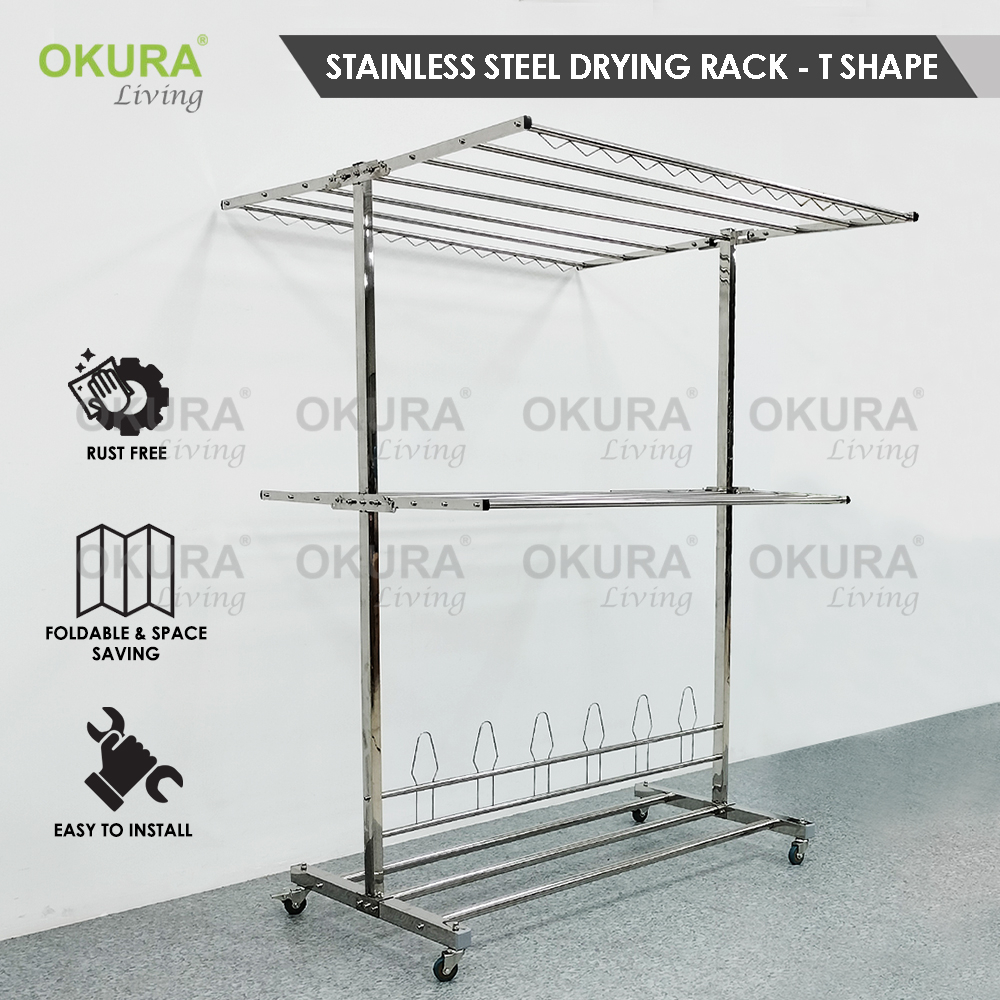 OKURA Stainless Steel Clothes Rack Cloth Drying Rack Foldable Mobility ...