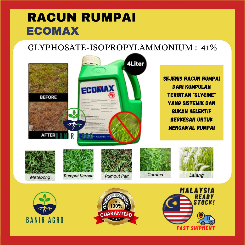 Ecomax Glyphosate 41% (4 Liter) Racun Rumput Rumpai Dan Lalang Organik ...