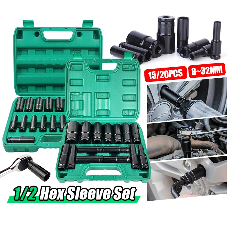 20PCS 1/2 Inch Long Impact Socket Set Black Deep Box Set Tool Set ...