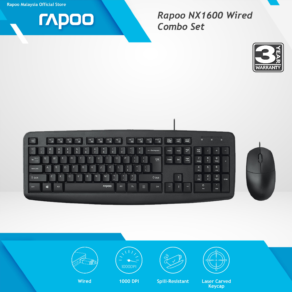 Rapoo Nx1600 Wired Spill Resistant Keyboard And 1600 Dpi Sensor Mouse Combo 3 Years Warranty