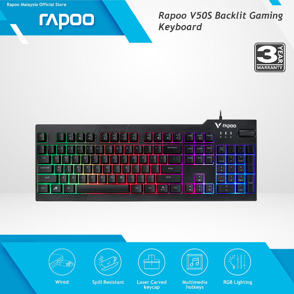 Rapoo V50S Mixed-Color Backlit Gaming Keyboard USB Wired 104 Key Keyboard - 3 Years Warranty ...