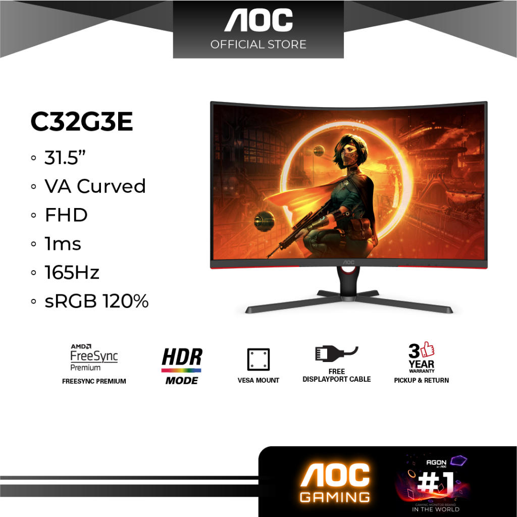 AOC C32G3E 31.5" FHD HDR Freesync Premium 165Hz 1ms 3-Side Frameless ...