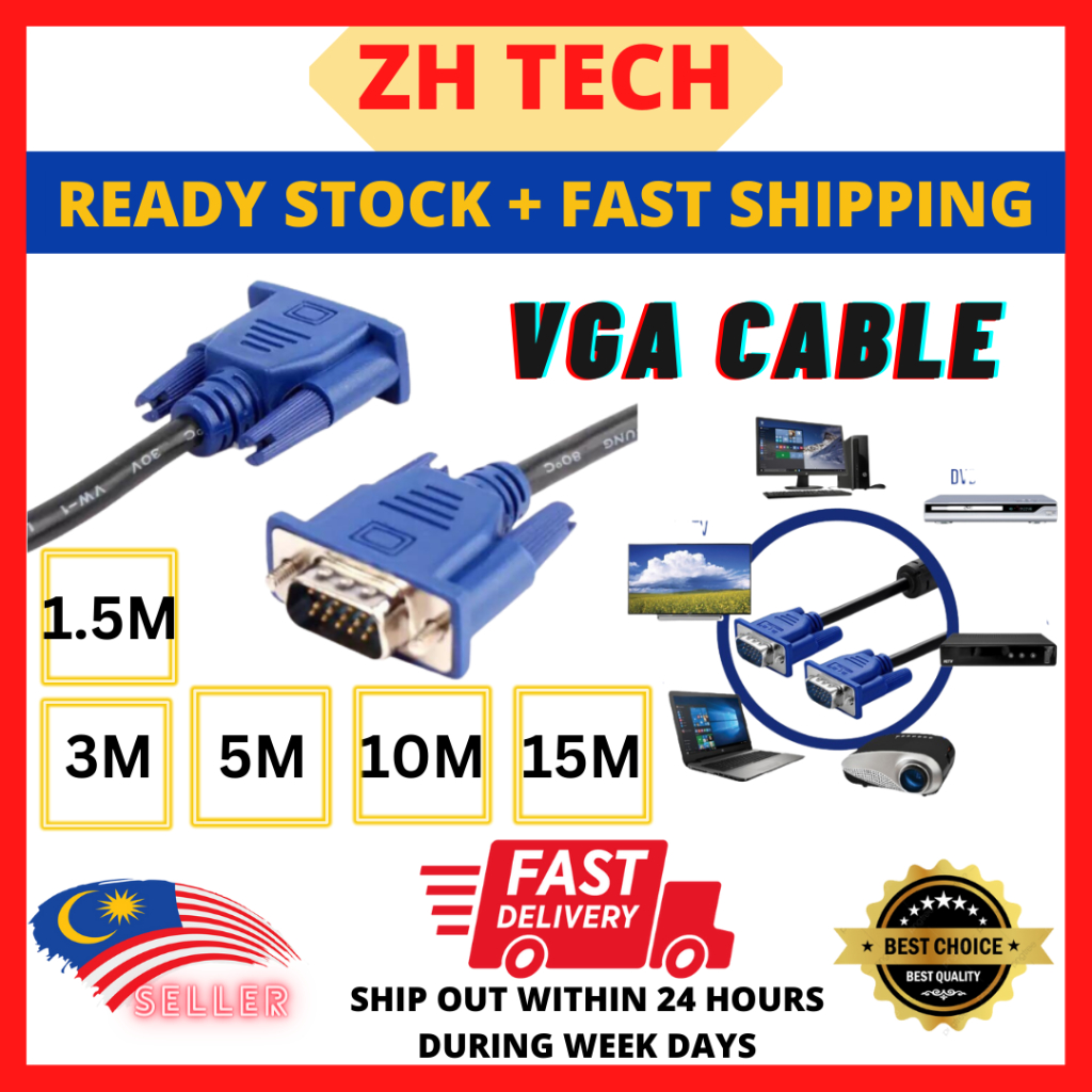 VGA CABLE Male to 15pin 3+6 Display Extension 1.5M- 15 Meter Wayar ...