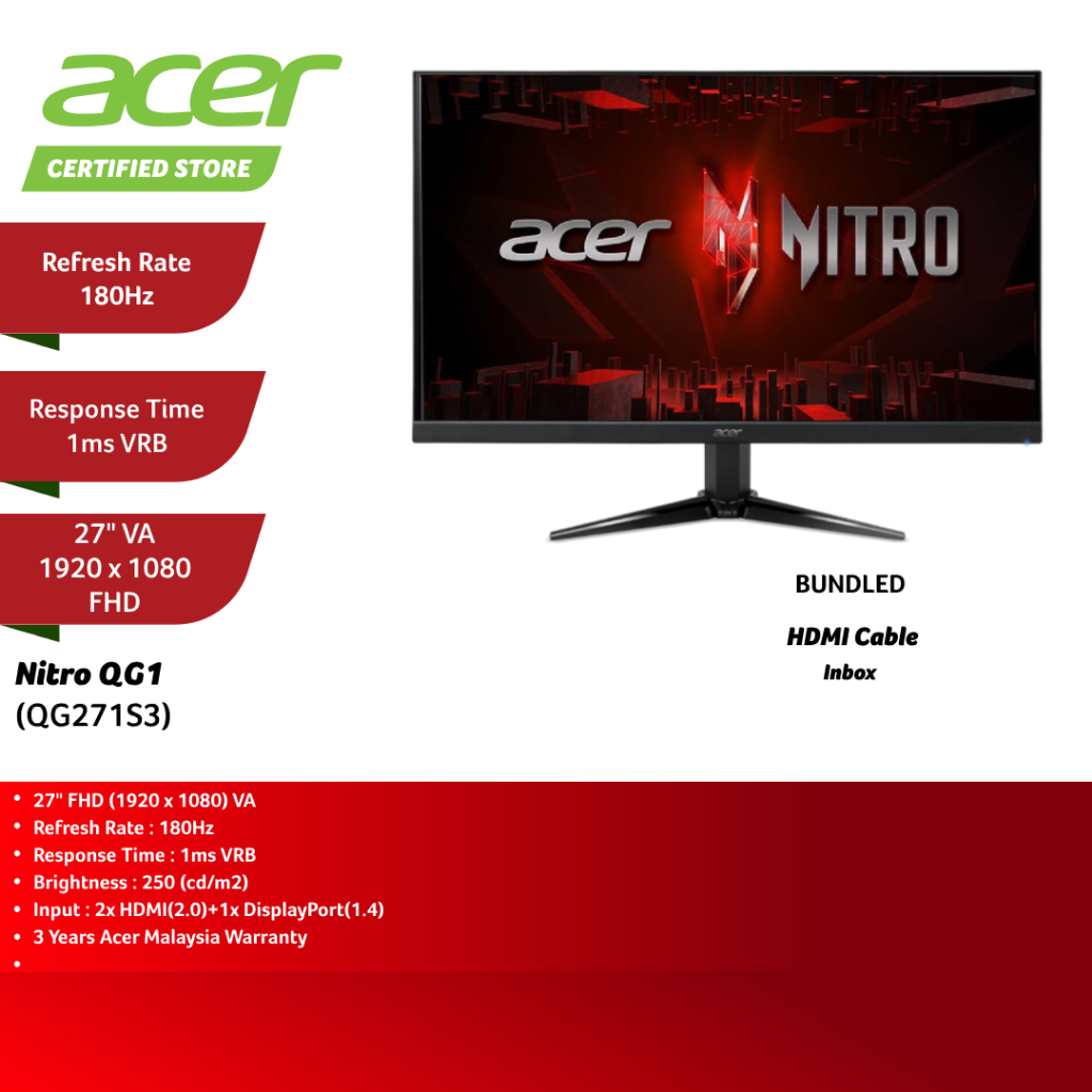 Acer Nitro QG270 S3 27" FHD 180Hz Gaming Monitor ( DP, HDMI, 3 Yrs Wrty ...