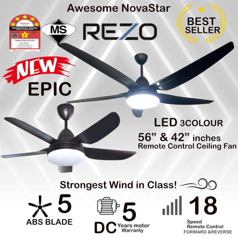 REZO EPIC 56"/42" LED 3 Colour Light DC 9 Speed Remote Ceiling Fan with ...