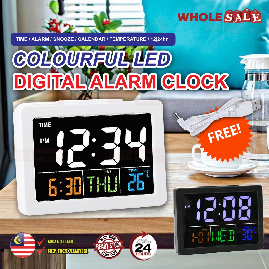 Digital Alarm Clock Colourful LED Large Screen Clock Time Date ...