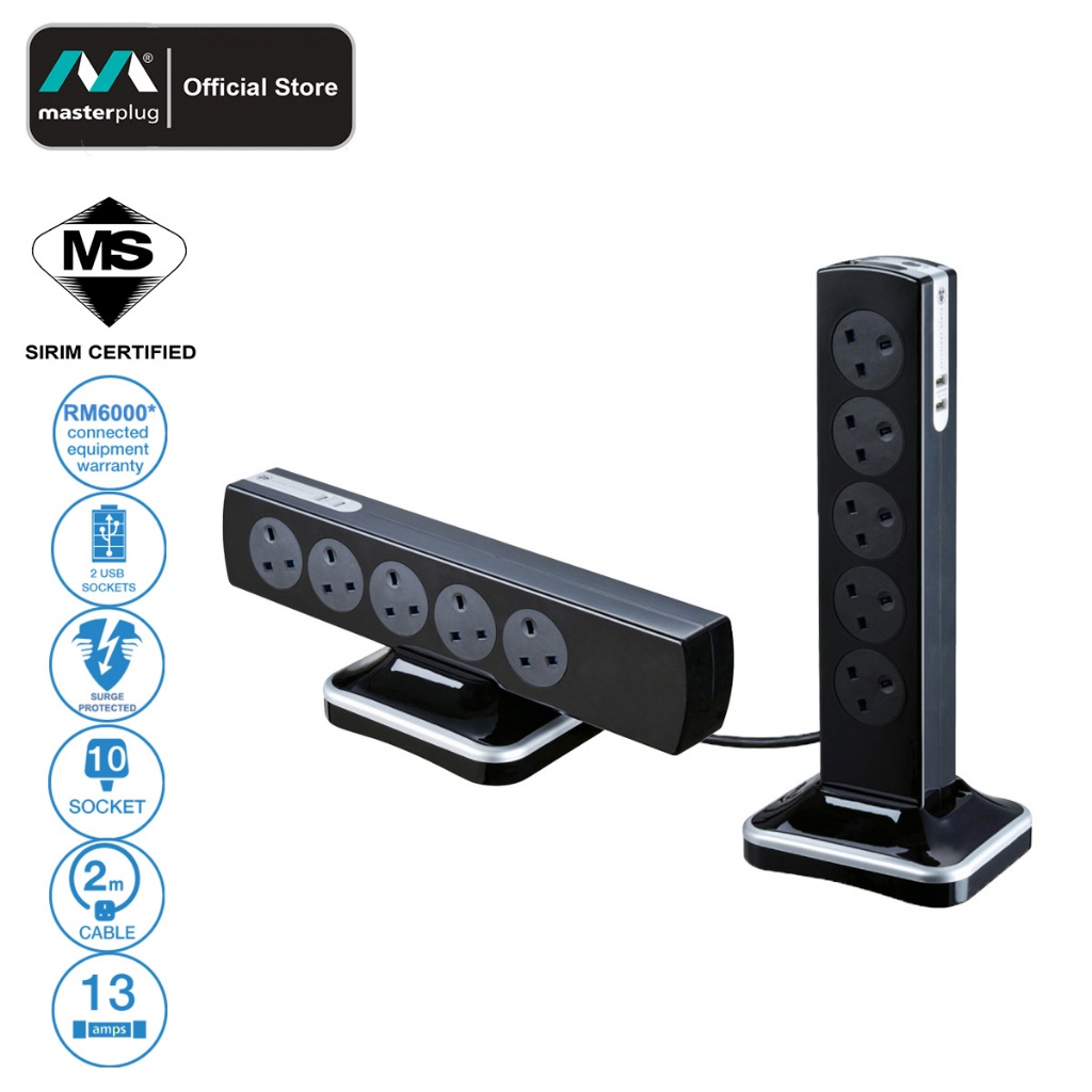 Masterplug Surge Protector 10 Gang 2 USB 3.1A 2 Meter Extension Leads ...