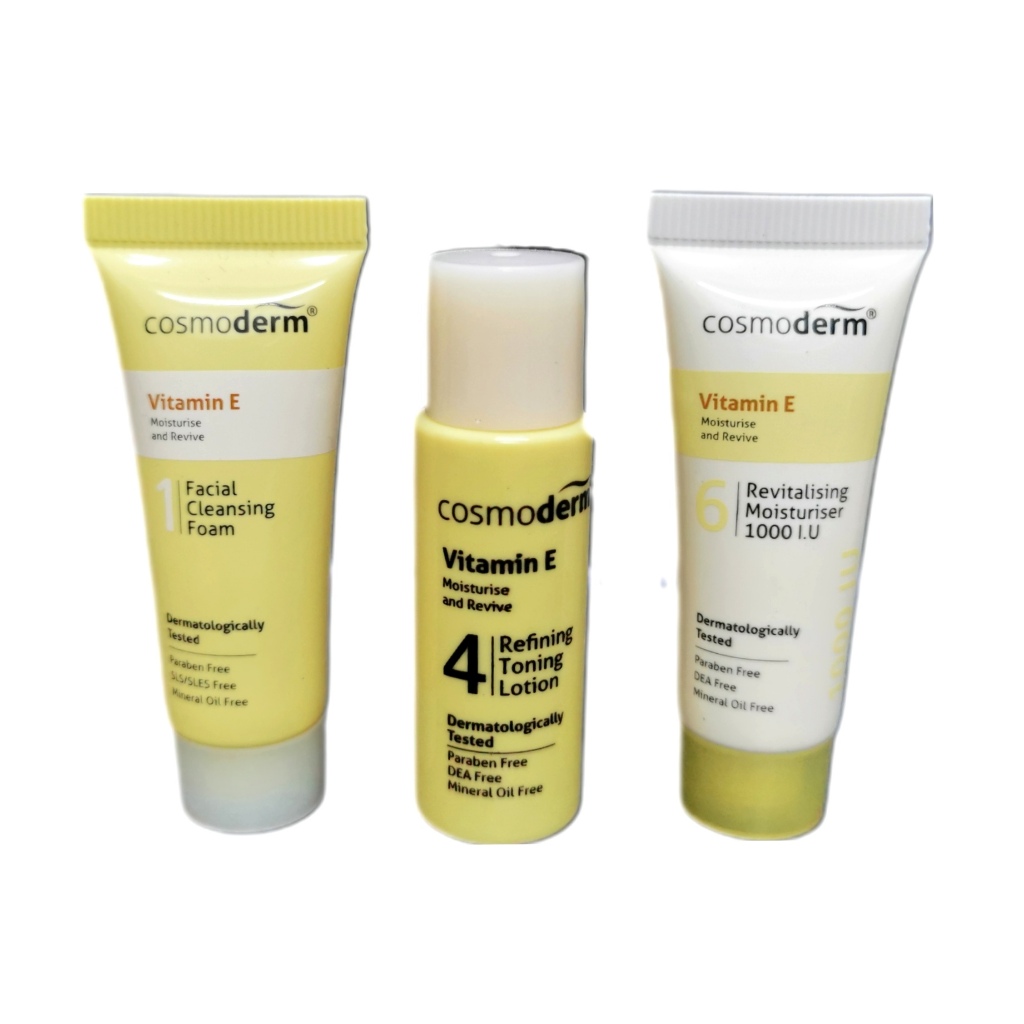 Cosmoderm Vitamin E Mini Travel Kit 10ml Cleansing Foam Toning Lotion ...