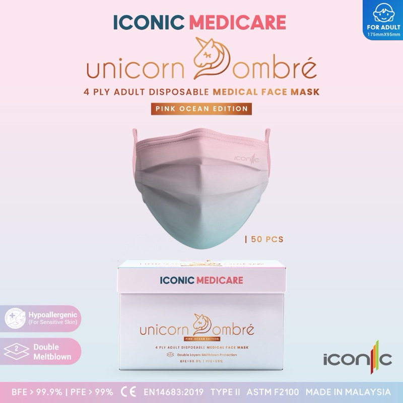 Iconic Medicare 4-Ply Unicorn Ombre Pink Ocean Medical Face Mask (50pcs ...
