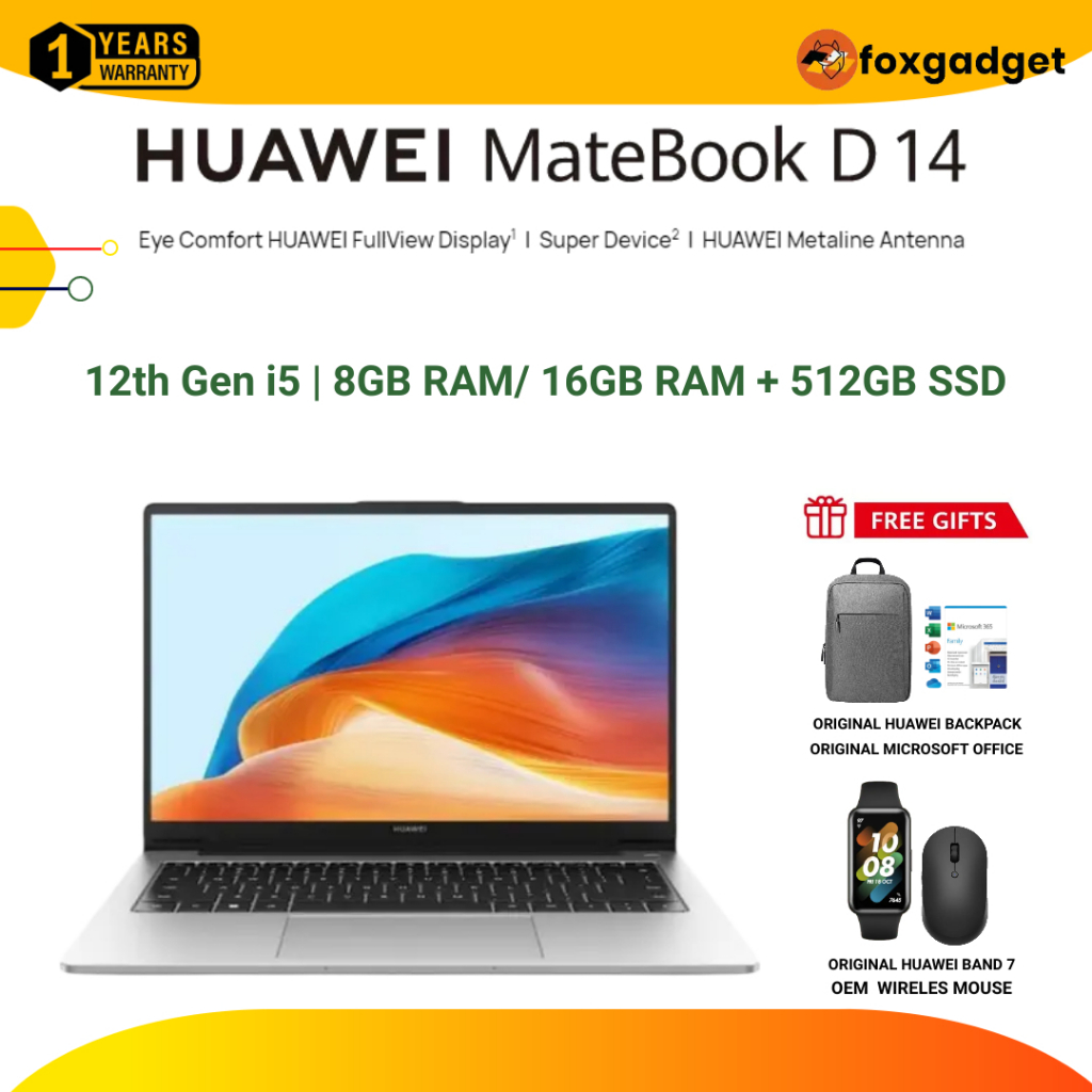 HUAWEI MateBook D14 2023 | 12th Intel |8GB/16GB RAM + 512GB SSD | HUAWEI Eye Comfort FullView ...
