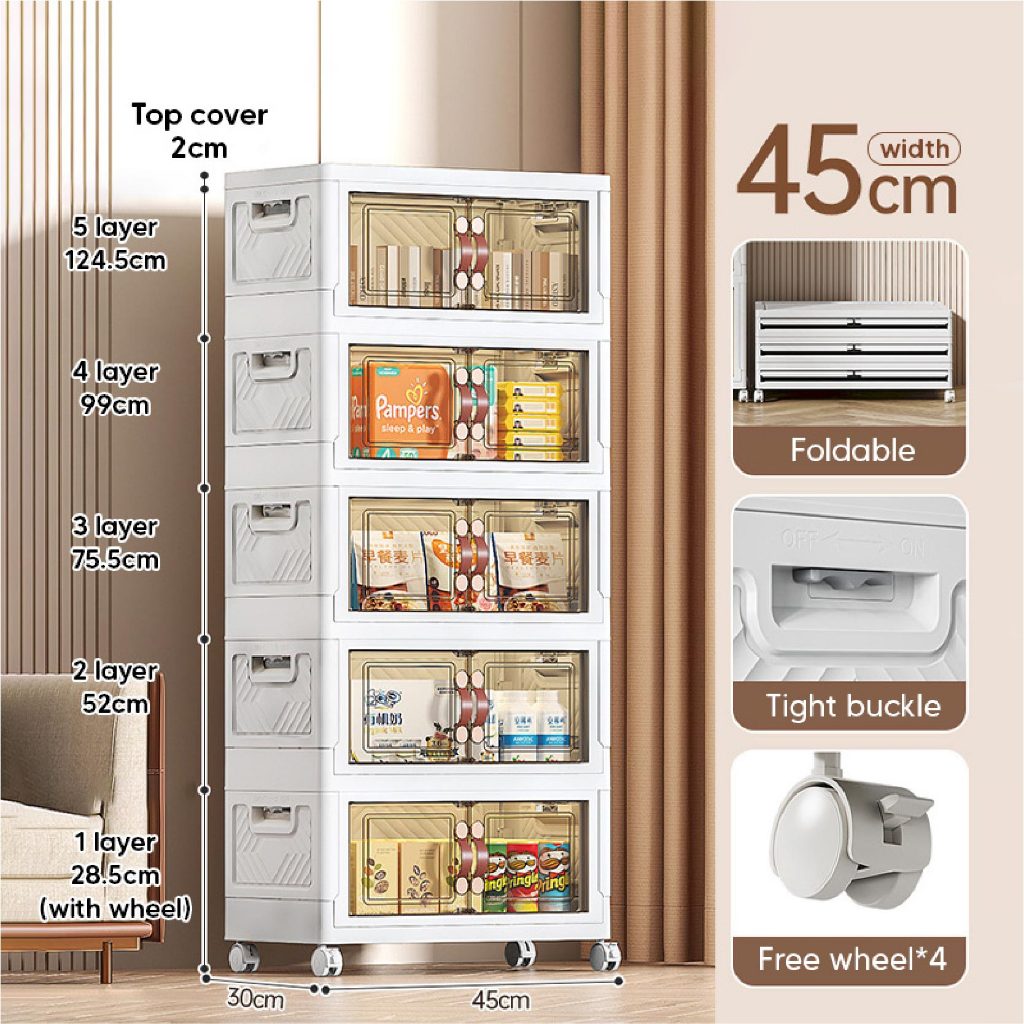 5 Layers Twin Door Foldable Storage Box with Wheel Cabinet Transparent ...