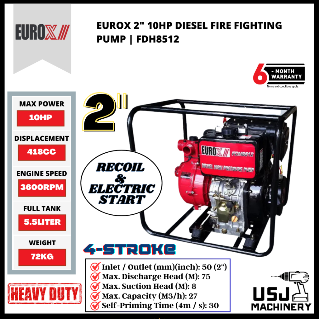 EUROX 2" 10HP 418CC Diesel Fire Fighting Pump FDH8512 - Recoil & Electric Start - | 6 Months ...