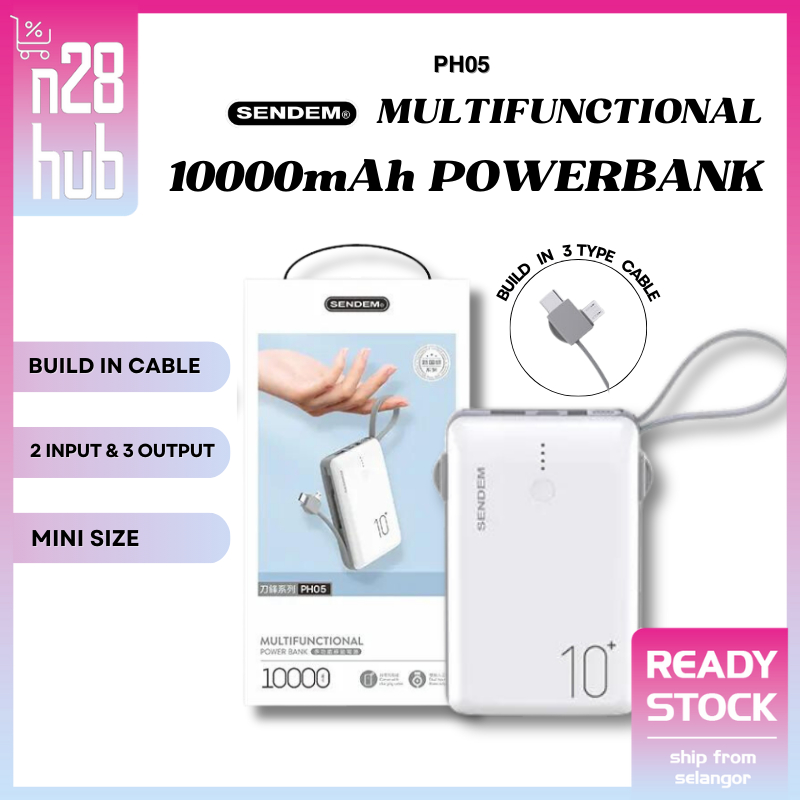 SENDEM 10000mAh Power Bank Build-In Cable Fast Charge Android Micro ...