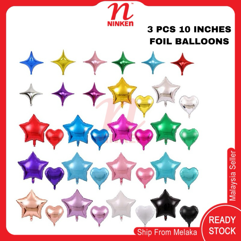 3 Pcs 10 Inch Love / Star Shape Foil Balloon Decoration Hiasan Birthday ...