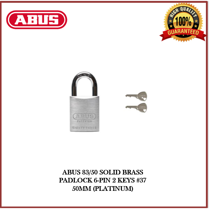 ABUS 83/50 SOLID BRASS PADLOCK 6-PIN 2 KEYS #37 50MM (PLATINUM ...