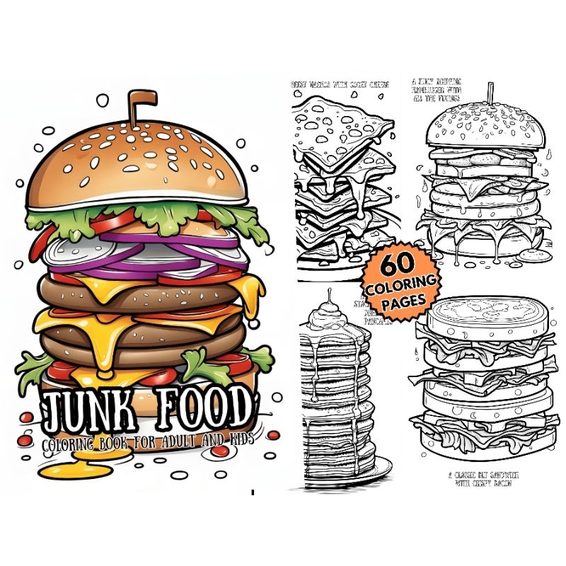 Junk Food Coloring Pages for Adults and Kids - 60 Pages (PDF) + Free ...