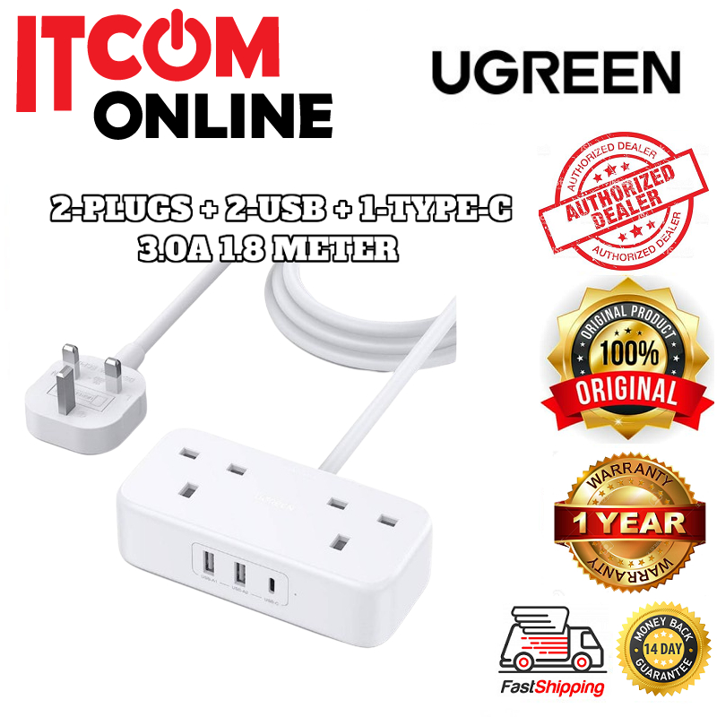 UGREEN 2-PLUGS + 2-USB + 1-TYPE-C 3.0A 1.8 METER EXTENSION SOCKET (UG ...