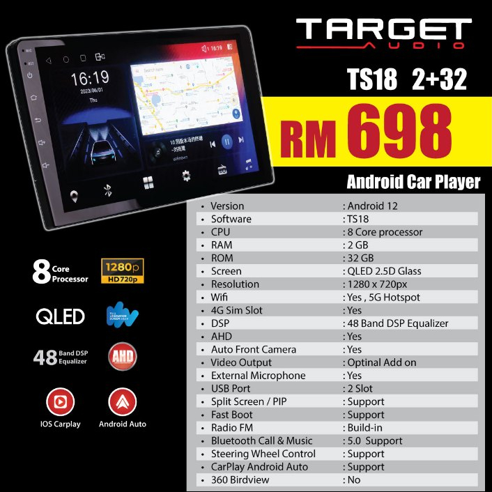 Target Audio TS18 Android Car GPS Player QLED AHD 5G Wifi 4G Sim ...