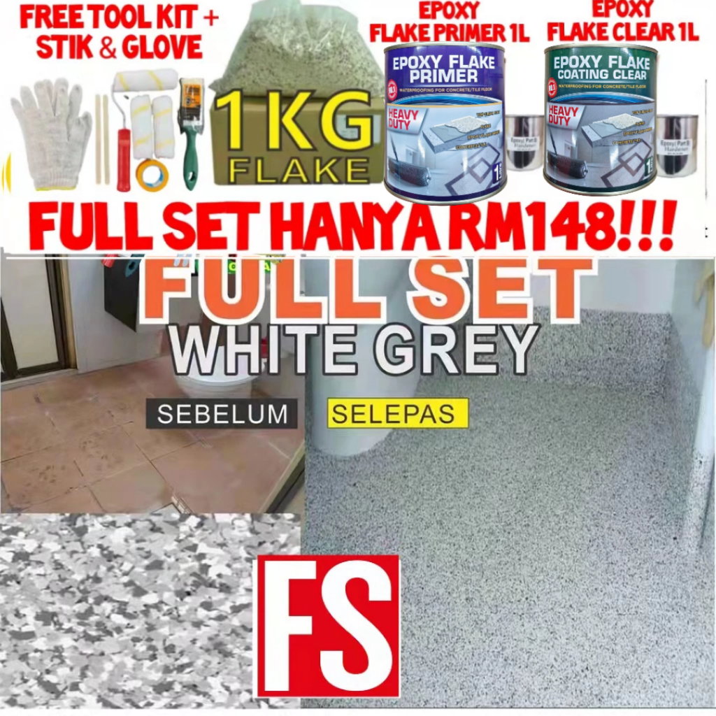 Full Set Epoxy Colour Flake Coating ( 1KG FLAKE / 1L PRIMER / 1L CLEAR COAT ) Toilet Floor Slab ...