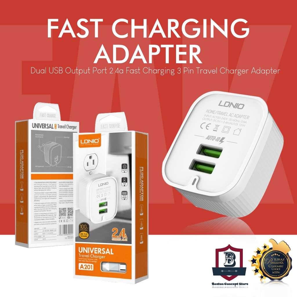 BOSTON Original Ldnio A201 Dual USB Output Port 2.4a Fast Charging 3 ...