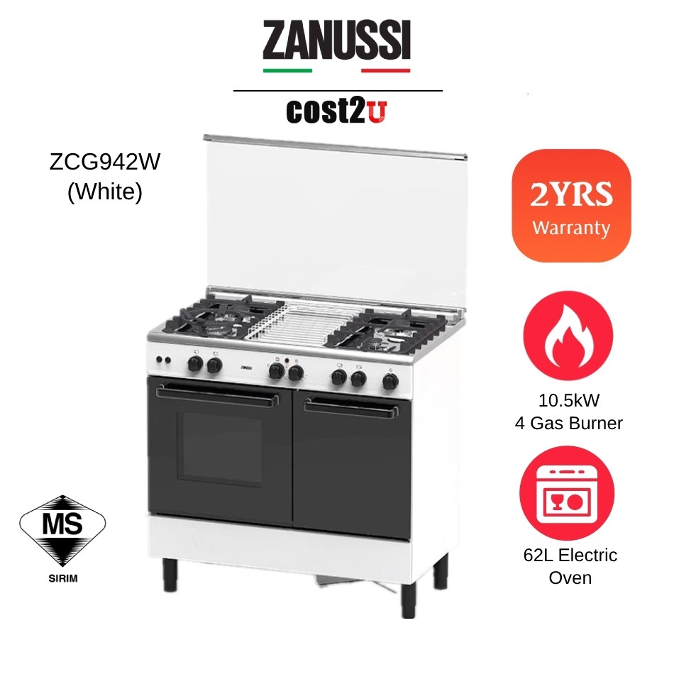 Zanussi ZCG942W Freestanding Cooker 4 Gas Burners & 62L Electric Oven ...