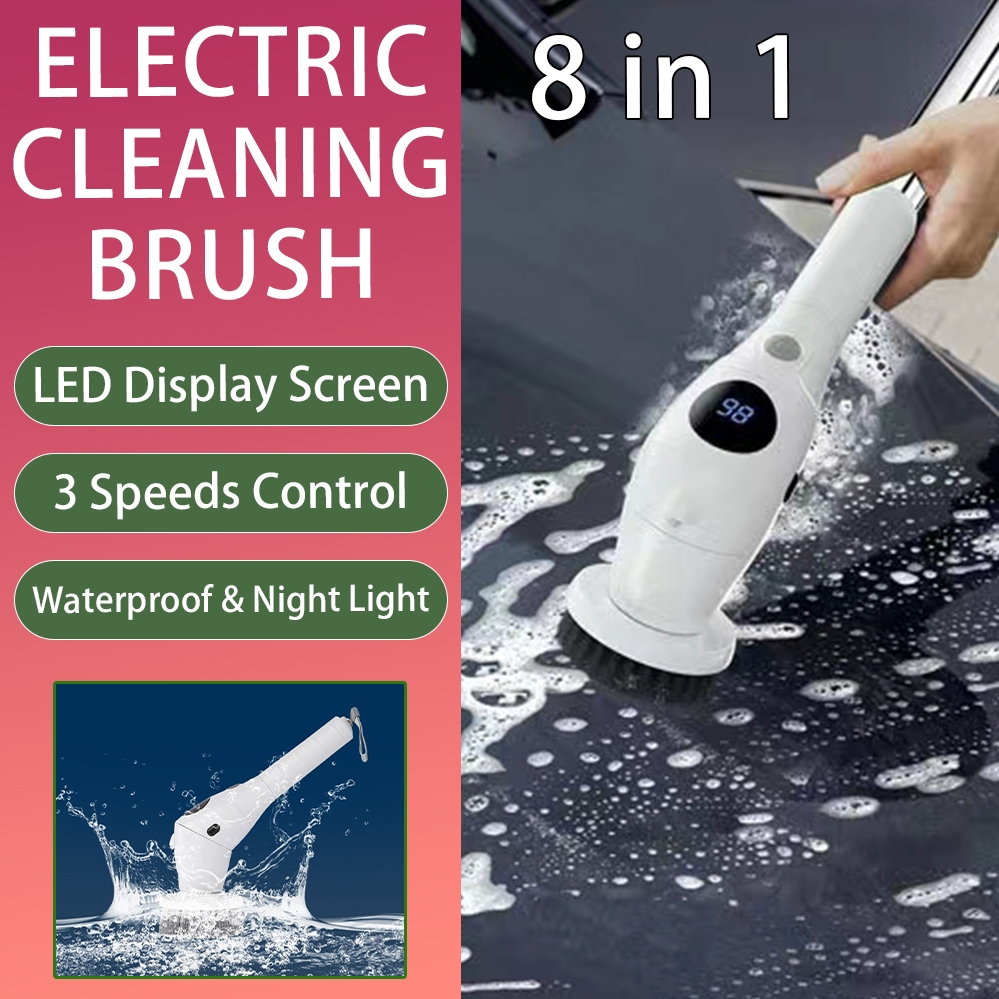 🔥8 PCS🔥Electric Cleaning Brush 180° Rotation Head with Power Display ...
