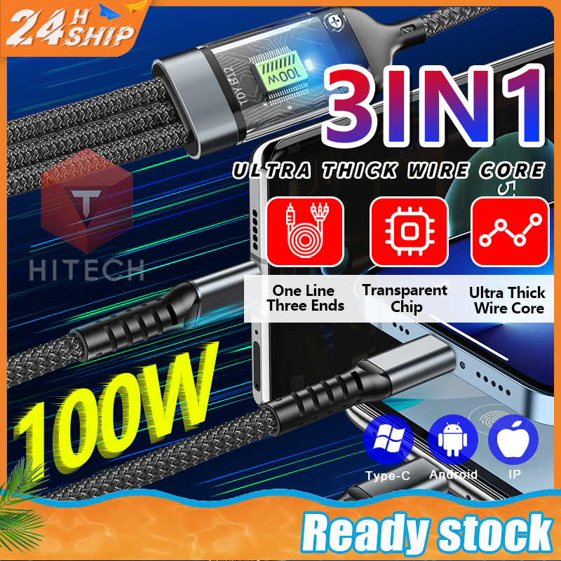 3 IN 1Cable 100W Super Fast Charge Type C Liquid Silicone Cable Quick ...