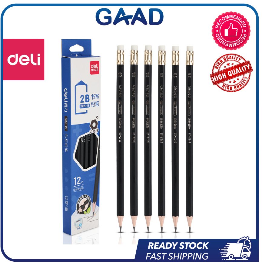 Deli Exam Grade 2B Pencil with Eraser 2B Pencil Set Pensel 2B Student ...