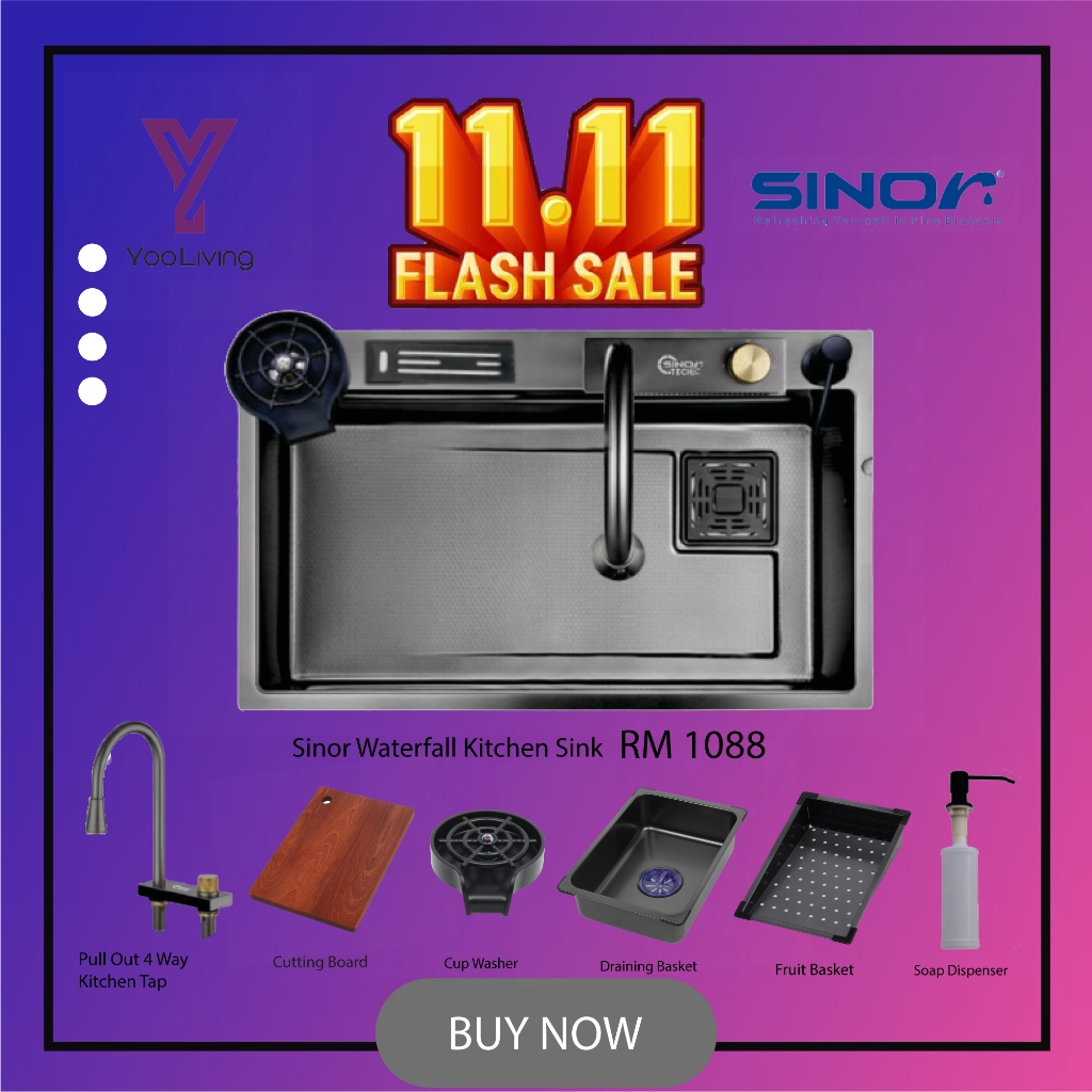 Sinor - HONEYCOMB 75 X 46 CM WORKSTATION WATERFALL SHOWER MODE KITCHEN SINK STAINLESS STEEL 304 ...