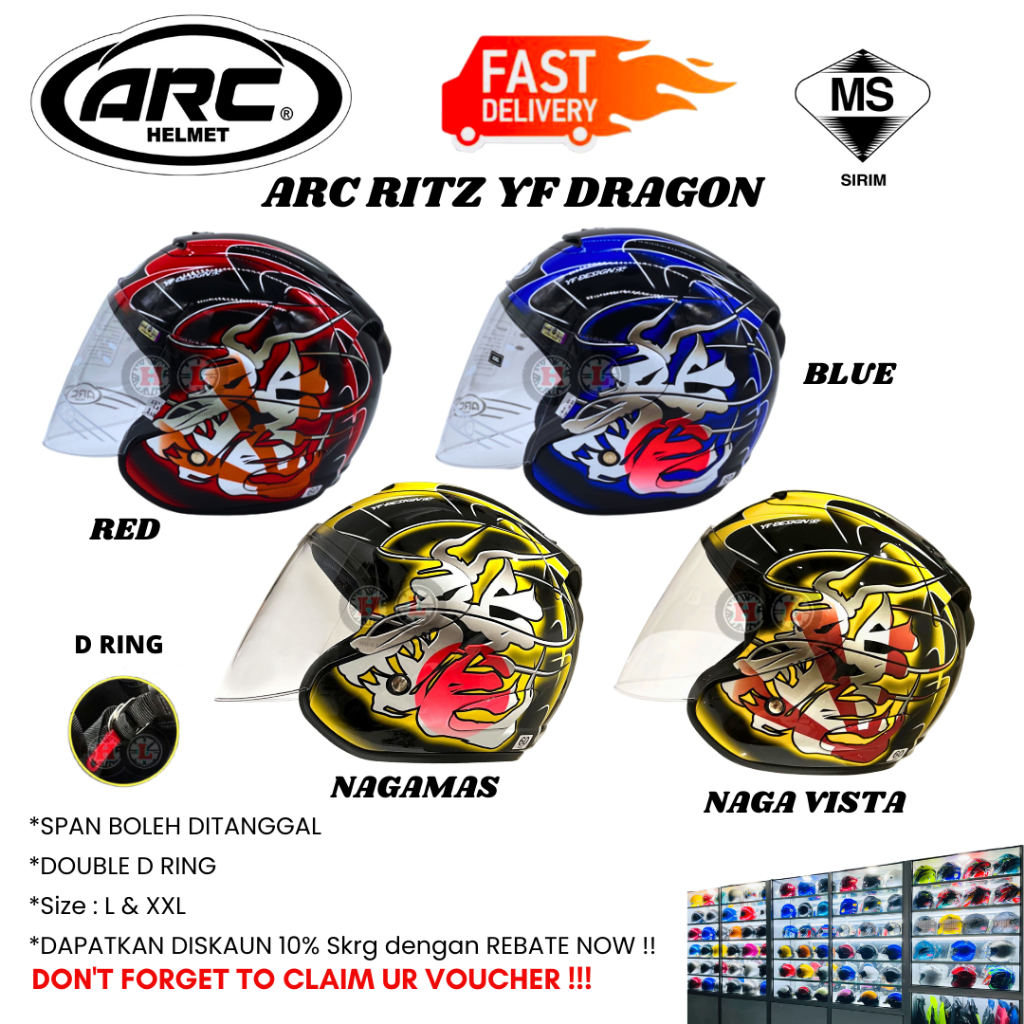 ARC RITZ YF DRAGON BLUE / RED / NAGAMAS / NAGA VISTA OPEN FACE HELMET ...
