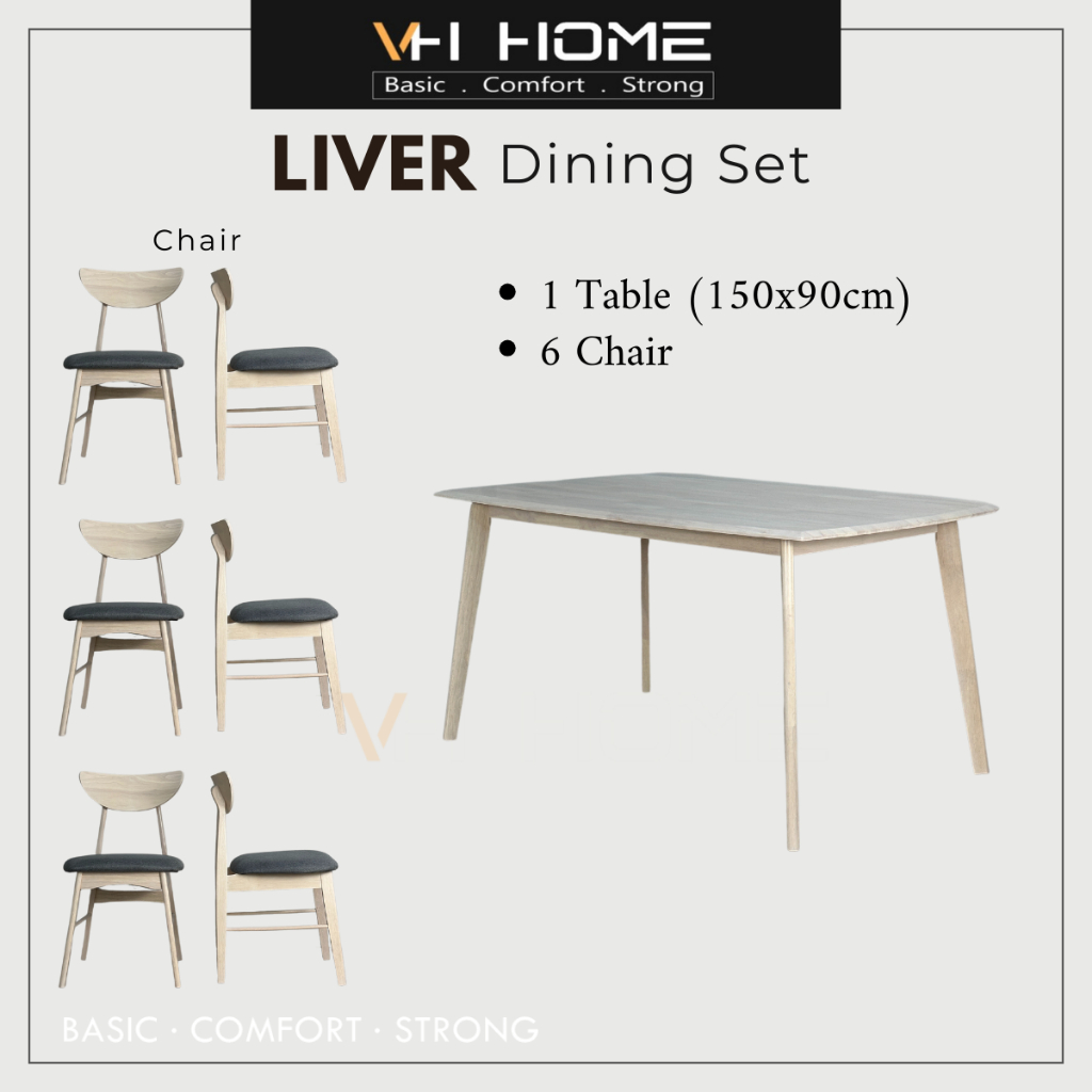 VH LIVER Dining Set 1+4 Chairs +1Bench (Fully Solid Rubber Wood ...