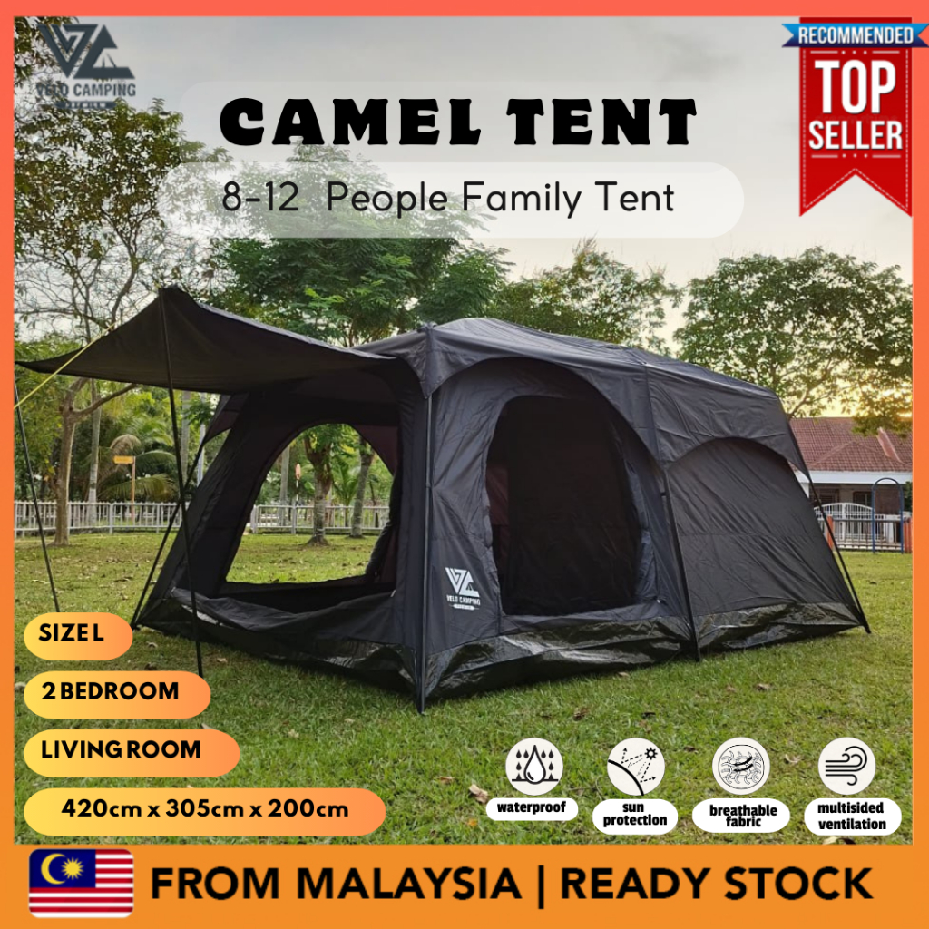 VELOCITY Camel Tent Outdoor Camping 2 Room Rainproof Folding Portable Luxury Kemah 8-12 Person ...