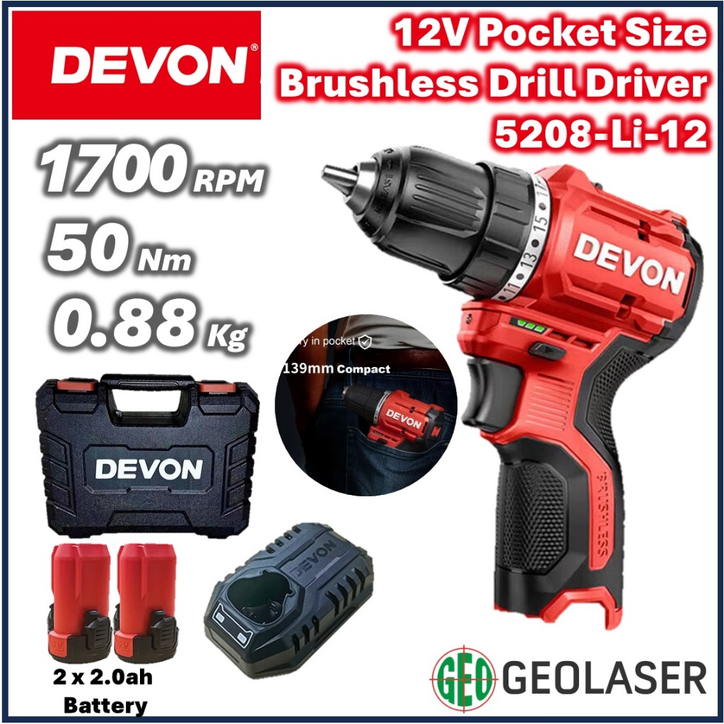 DEVON 12V 50Nm Cordless Drill Driver 5208-Li-12 Dual Speed Brushless ...