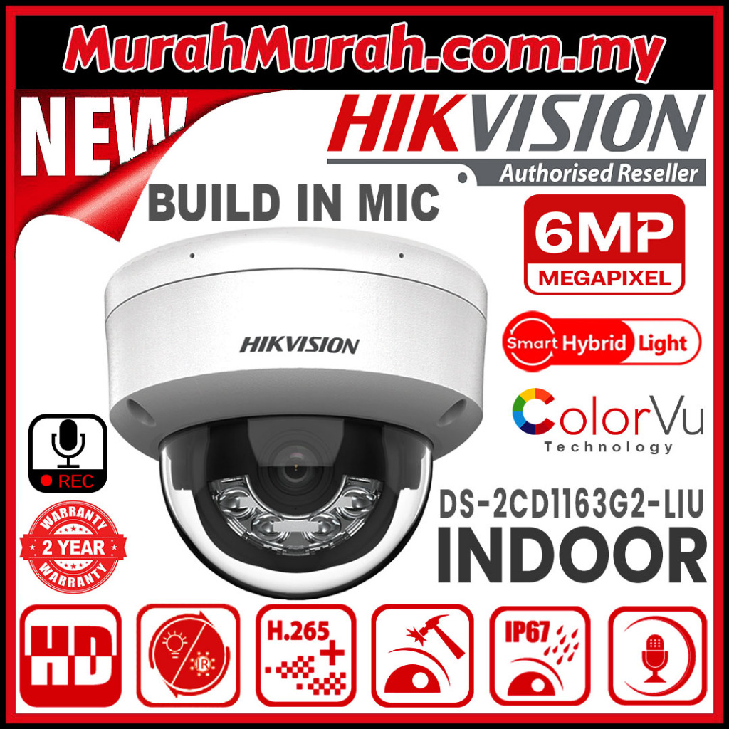 HIK HIKVISION DS-2CD1163G2-LIU 6.0MP POE + COLORVU + MIC / AUDIO Smart Hybrid Light 6MP 2048P IP ...
