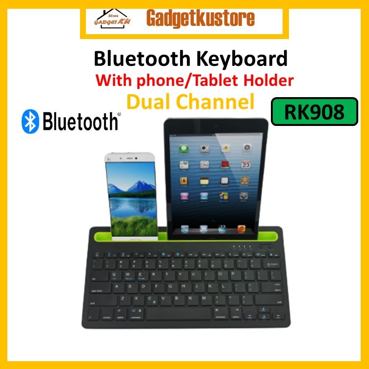 RK908 Dual Channel Wireless Bluetooth Keyboard with phone tablet holder ...